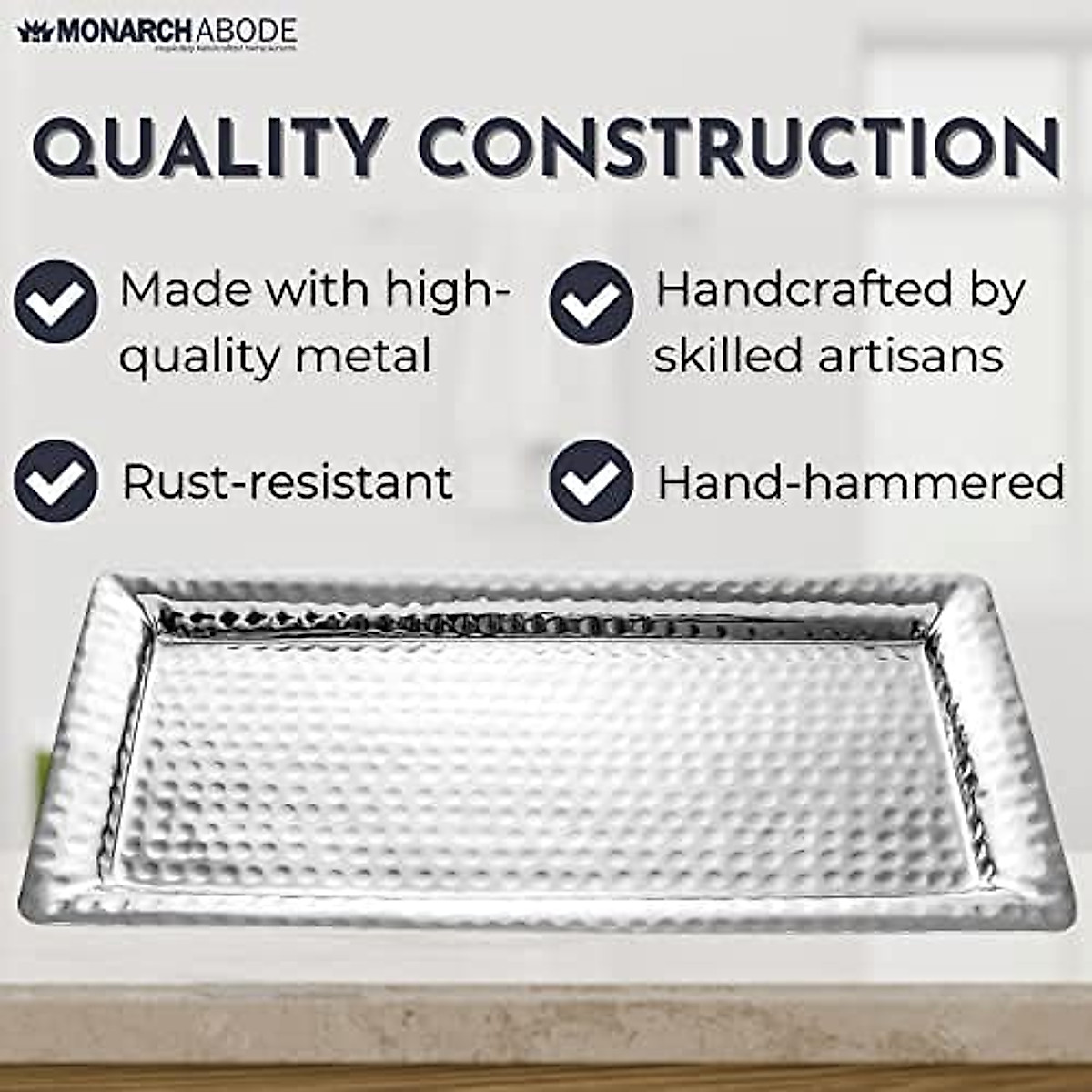 Monarch Abode Decorative Tray, Bathroom Counter Organizer, Vanity Tray, Kitchen Counter Storage, Hand-Hammered Platter, Nickel-Plated, 12" x 6"