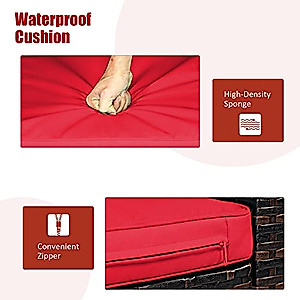 Tangkula 3-Piece Outdoor PE Rattan Furniture Set, Patio Conversation Set w/Chair & Storage Coffee Table, Detachable Cushion, Stable X-Shaped Frame, Perfect for Garden, Backyard, Poolside (Red)