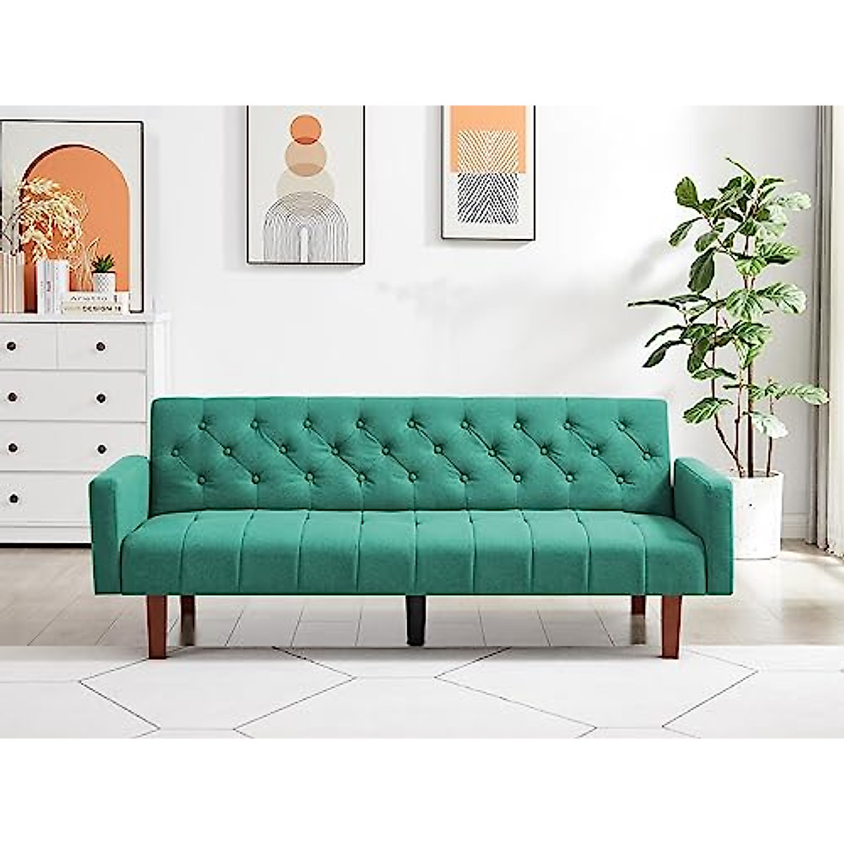 Green, Linen, Convertible Double Folding Living Room Sofa Bed (Eucalyptus Wood Frame)