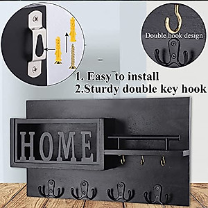WYTAOHZL Key Holder for Wall Mail Organizer Shelf 4 Double Key Hooks Decorative Black Key and Mail Rack Mail Key Holder for Wall Metal Home Stylish Design 14.6"x8.7"x2.6"