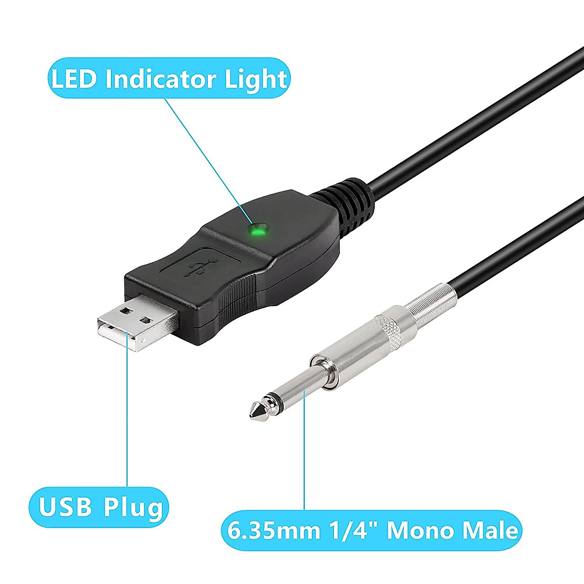 GELRHONR USB Guitar Cable,USB 2.0 Male to 6.35mm (1/4inch) TS Mono Electric Guitar Converter Cable for Guitar to Computer Music Recording-3M/10Ft