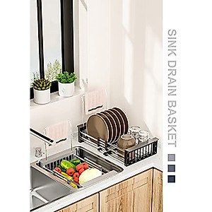 GULICA Dish Drying Rack Black, Adjustable Stainless Steel Drainer Basket Drain Tray for Dish Vegetable Fruit, 18.2" x 8.9", On or in Sink Kitchen Basket Dish Drying Rack