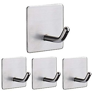 4 Packs Adhesive Hooks, Veriya Stainless Steel Self Adhesive Door Hook Wall Hanger, Heavy Duty Hanging Holder, Stick on Wall, Door, Bathroom Toilet Kitchen Office Closet Cabinet (Silver)
