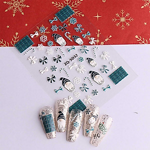 JMEOWIO 3D Embossed Christmas Nail Art Stickers Decals Self-Adhesive Pegatinas Uñas 5D Snowflake Xmas Winter Holiday Green Nail Supplies Nail Art Design Decoration Accessories 4 Sheets