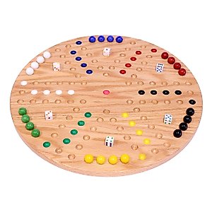 AmishToyBox.com Wahoo Marble Game Board Set - Round 18" Wide Marbles Game - Solid Oak Wood - Double-Sided - with Large 18mm Marbles and Dice Included
