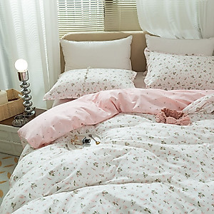 VM VOUGEMARKET Pink White Duvet Cover Queen 100% Cotton Girls Flower Bedding Set Aesthetic Princess Style Reversible Duvet Cover Set with Zipper &Ties(3 pcs,Queen)