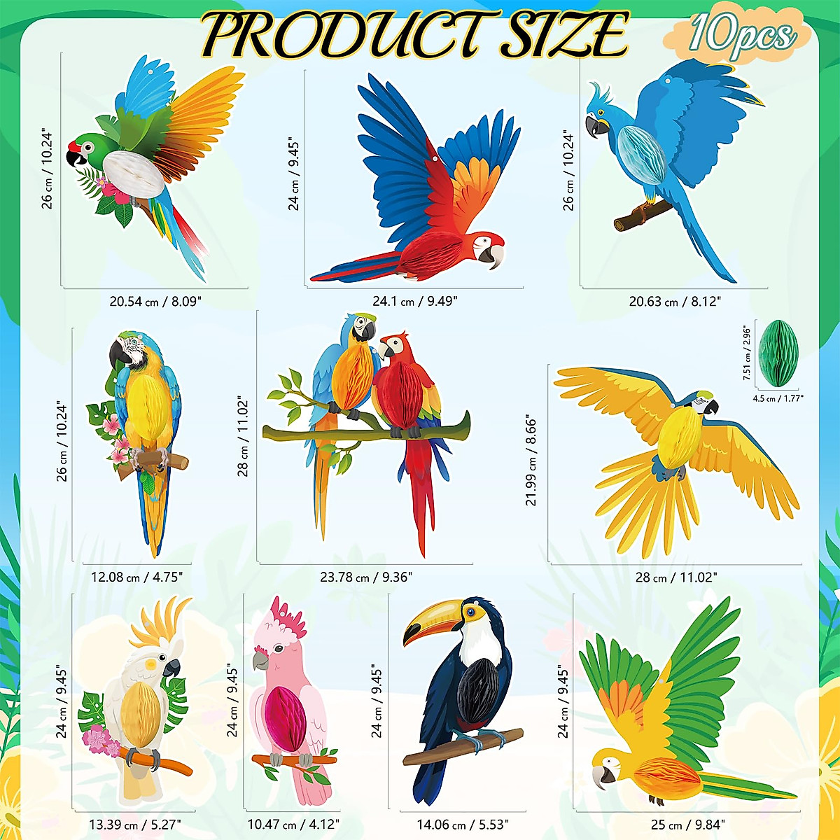 GuassLee Jungle Tropical Party Decorations Birds Honeycombs - Tropical Parrots Paper Cutouts Honeycombs Hanging Decorations for Hawaiian Luau Tiki Party Decor Supplies 10pcs