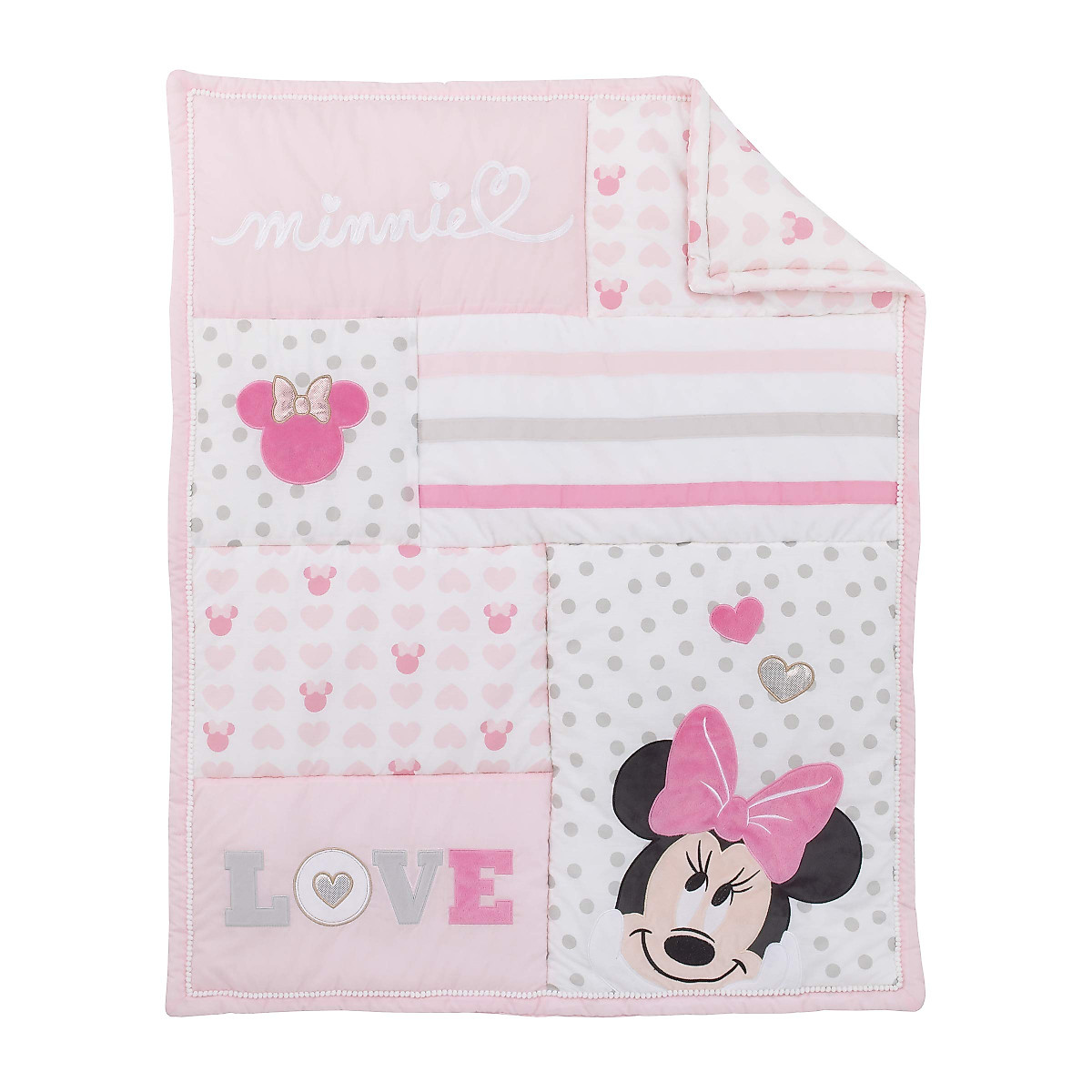 Disney Minnie Mouse Love to Love 3 Piece Nursery Crib Bedding Set, Pink/Grey/White/Rosegold