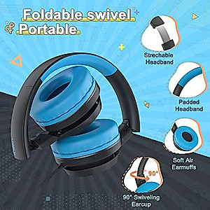 LORELEI E7 Kids Headphones with Microphone, Safe Volume Limiter 85/94dB, Foldable Stereo Tangle-Free On-Ear Wired Headphones for Toddlers/Boys/Girls/School/iPad/Laptop/Travel (Black&Blue)