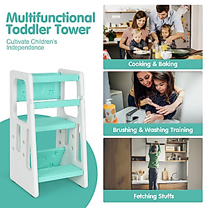 Costzon Kids Kitchen Step Stool with Double Safety Rails, Toddler Learning Stool with 3 Adjustable Heights and Non-Slip Foot Pads, Toddler Tower for Kitchen Countertop and Bathroom (Green)