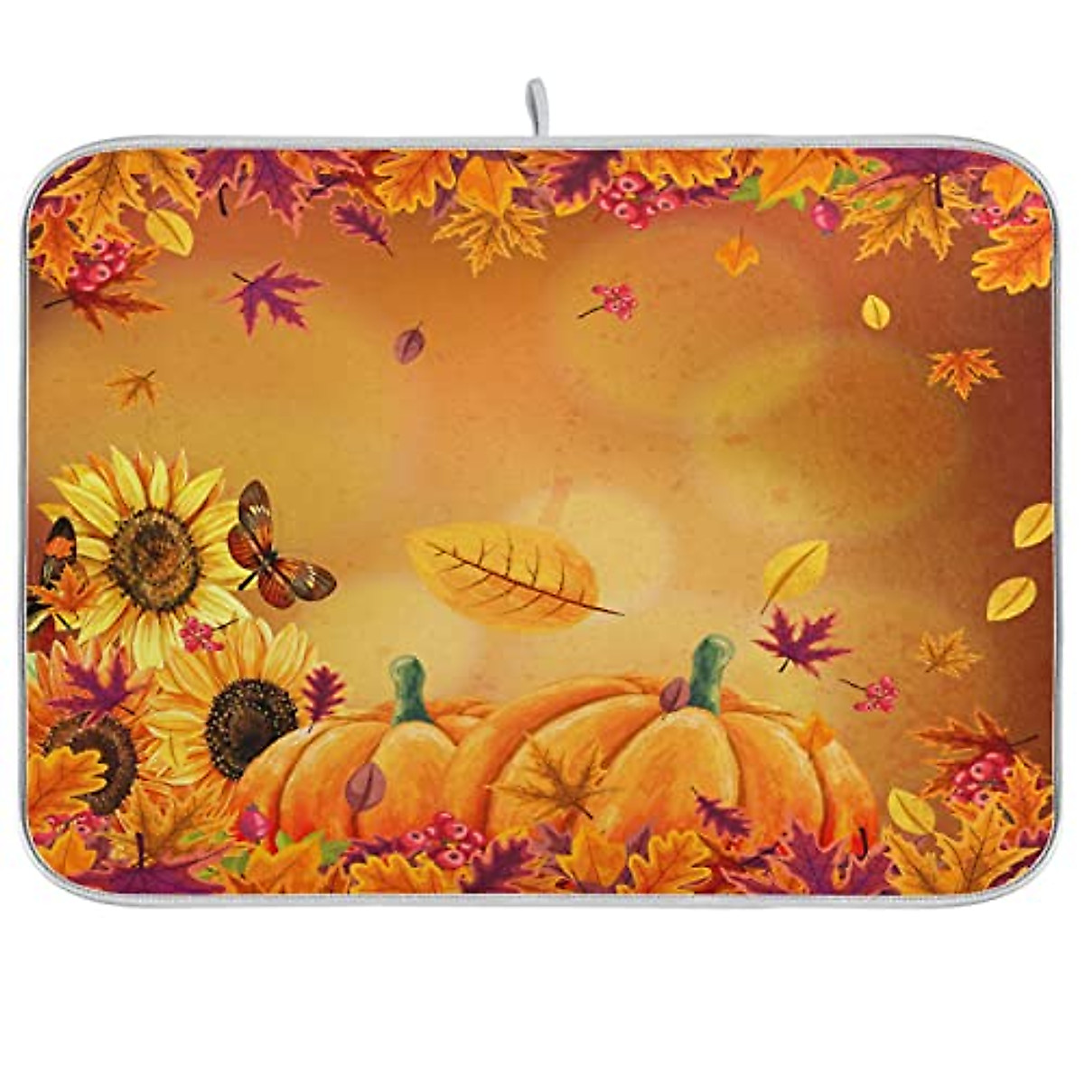 Sunflower Pumpkin Autumn Dish Drying Mat, Butterfly Maple Leaves Dry Mats for Kitchen Dishes Microfiber Dry Pad Ultra Absorbent 18x24Inch Reversible Drying Drainer Sink Mat