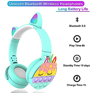 Kids Headphones, Unicorn Pop Headphones It for Girls Kids, Headphones Wireless Bluetooth with Led Light Cat Ears, Gaming Headset, Foldable Adjustable Build-in Mic for Tablet/School/iPad/Travel (Green)