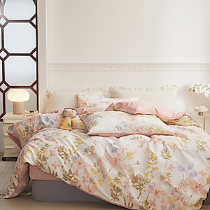 HighBuy Boho Floral Duvet Cover King,Soft Cotton Aesthetic Pink Floral King Comforter Cover,Lightweight Soft Garden Style Bedding Set King Duvet Cover Set Zipper Closure Breathable King