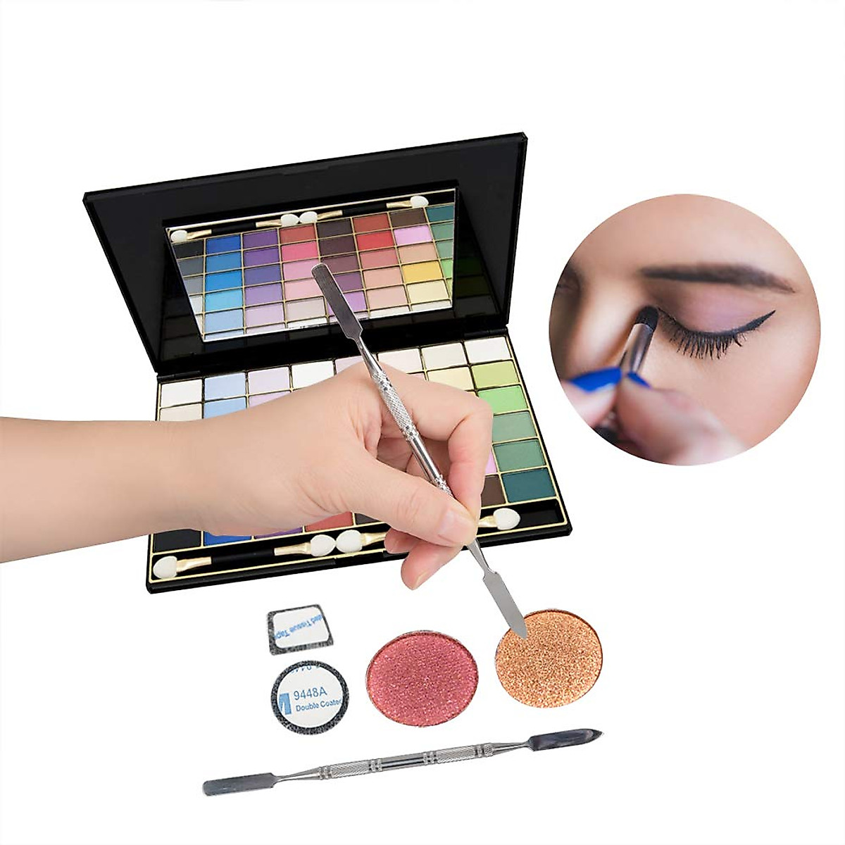 DanziX 70Pcs Metal Stickers for Eyeshadow Palette Set,Palette Empty Eyeshadow Makeup Palette + 2 Depotting Spatula (35Pcs Round + 35Pcs Square)