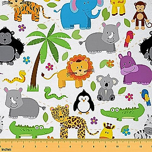 Cartoon Animals Fabric by The Yard, Colorful Zoo Upholstery Fabric, Tropical Plants Decor Fabric, Leopard Koala Lion Tiger Indoor Outdoor Fabric, Cute Kids DIY Waterproof Fabric, Green Red, 2 Yards