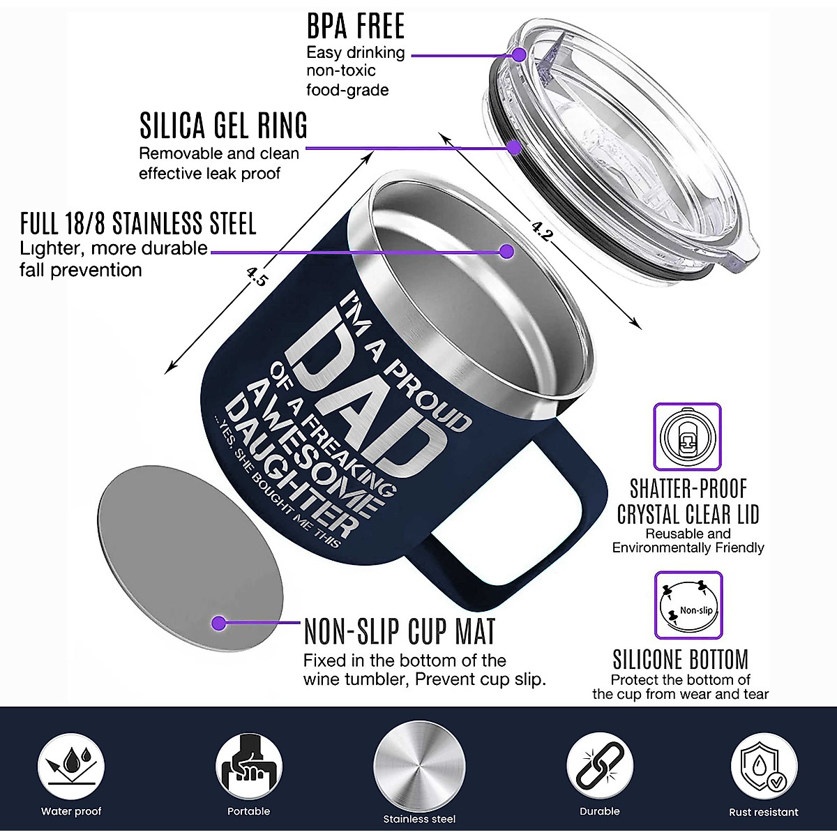 AMAZPRINTS Gifts for Dad from Daughter, Son, Kids on Fathers Day, Christmas, Birthday - Funny Fathhers Gifts - Present for Father - Dad Mug 14oz, Navy Insulated Stainless Steel