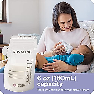 Breastmilk Storage Bag, RUVALINO Breastfeeding Essentials Breast Milk Storage Bags for Freezer, 150 Count, Temp-Sense Spot, Easy Pour Spout, Hygienically Double-Sealed, Self Standing&Lay Flat, 6 Oz