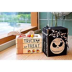 LIVDUCOT Mini Black Halloween Tiered Tray Decor Wood Decorative Book Stack-5x4x3" Rustic Farmhouse Fake Wooden Books for Home Table Decorations Nightmare Before Christmas & This is Halloween Sign