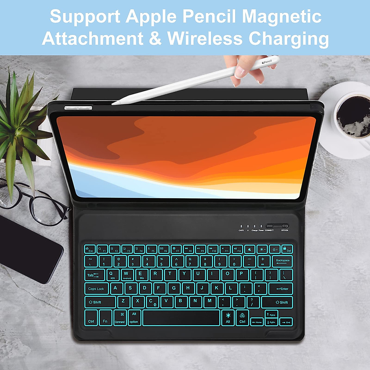 Keyboard Case for iPad Pro 12.9 inch 6th/5th/4th/3rd Gen & iPad Air 13 inch (M2) 2024, 7 Color Backlit & Magnetic Detachable Wireless Keyboard, Smart Flip Cover with Pencil Holder, Auto Sleep/Wake