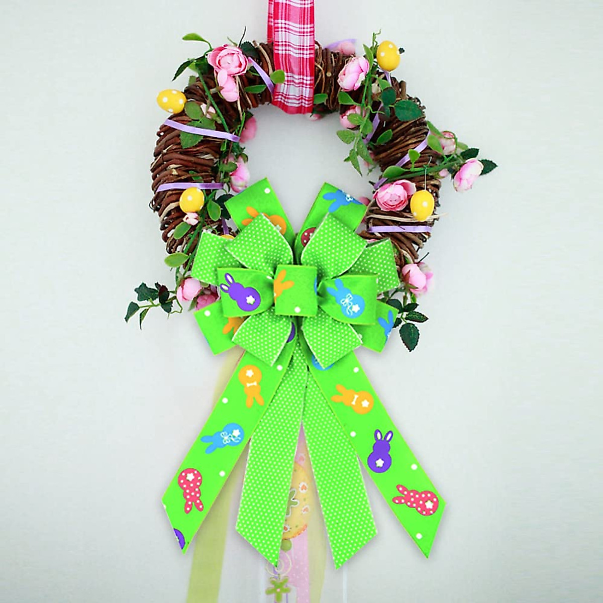 Easter Wreath Bows, Green Spots Rabbits Burlap Easter Bows for Wreaths - Large Easter Ribbon Bows for Easter Day Home Garden Indoor Outdoor Decoration Wreath Ornament Supplies