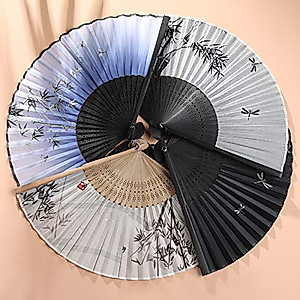 BABEYOND 4pcs Chinese Style Bamboo Folding Hand Fan Vintage Handheld Silk Folding Fan with Different Patterns Fringe Folding Fan for Wedding Dancing Party