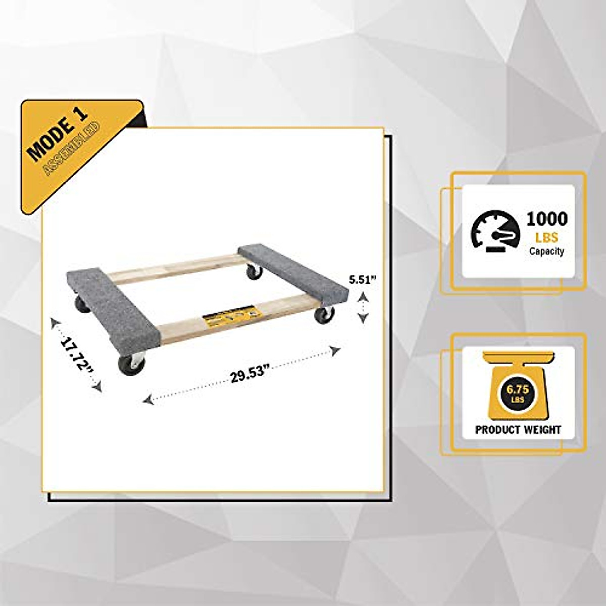 Olympia Tools Furniture Dolly for Moving, 1000 LB Capacity, 18 x 30 in, Fully Asembled, FSC Acacia Wood (Single Pack)