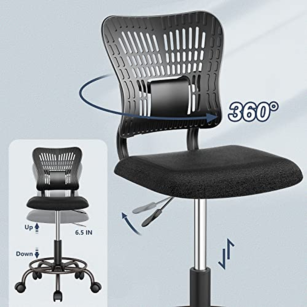 PALONE Bar Stools Adjustable Barstools Modern Design Counter Height Bar Stools with Backrest 360°Swivel Stools for Kitchen Counter with 5 Rollers Set of 2 Black