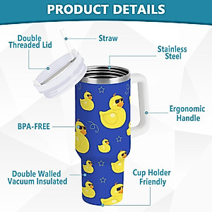Doodle Cute Yellow Duck Blue Tumbler with Handle and Straw Lid, Cartoon Animal 40 oz Insulated Coffee Cup Stainless Steel Water Bottle Travel Mug Cupholder Friendly,Gifts for Women Men