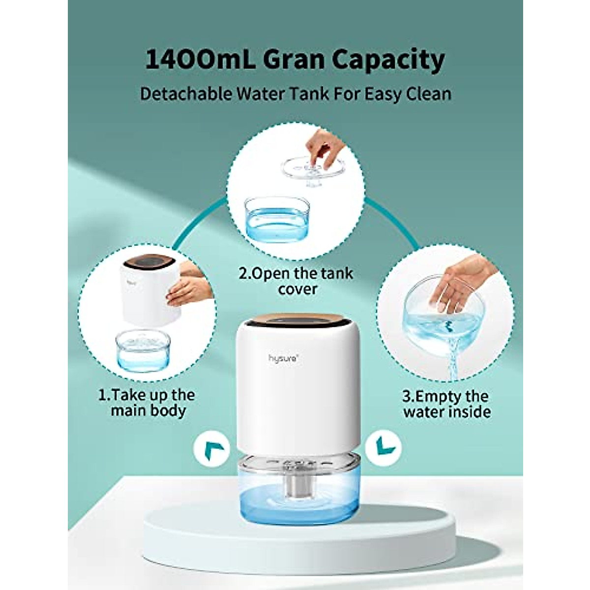 Hysure Small Dehumidifier for 2200 Cubic Feet(220 sq ft), Quiet Portable Deshumidificador for Home RV Bedroom Bathroom Basement Garage Wardrobe, 1400ml(49oz) Water Tank with Safe Auto Shut Off -White