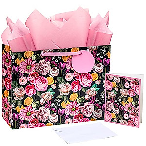 LeZakaa 16" Floral Gift Bag with Tissue Paper, Gift Tag and Card, Black Large Gift Bag with Flower Design for Shopping, Wedding, Mother's Day