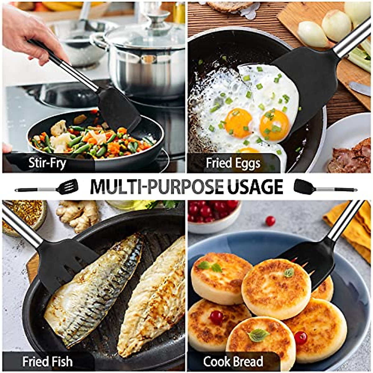 Pack of 4 Large Silicone Cooking Spatulas and Spoons, Slotted and Solid Stainless Steel Cooking Utensils Set, Non-stick Heat Resistant Kitchen for Baking, Fried, Stir-Fry, Mixing, Serving (Black)