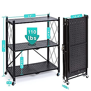 MYDENIMSKY 3-Tier Storage Shelves, Metal Storage Shelves Rack, Foldable Shelving Units with Wheels, Wire Shelving Units No Assemble Required, Movable Garage Shelves, Kitchen and Garden Shelves, Black