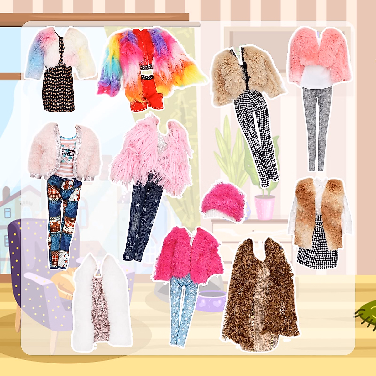 SOTOGO 25 Pieces Doll Clothes and Accessories for 11.5 Inch Girl Doll Fashion Furry Coat for Doll Including 10 Sets Fashion Fluffy Coats and 15 Pieces Accessories