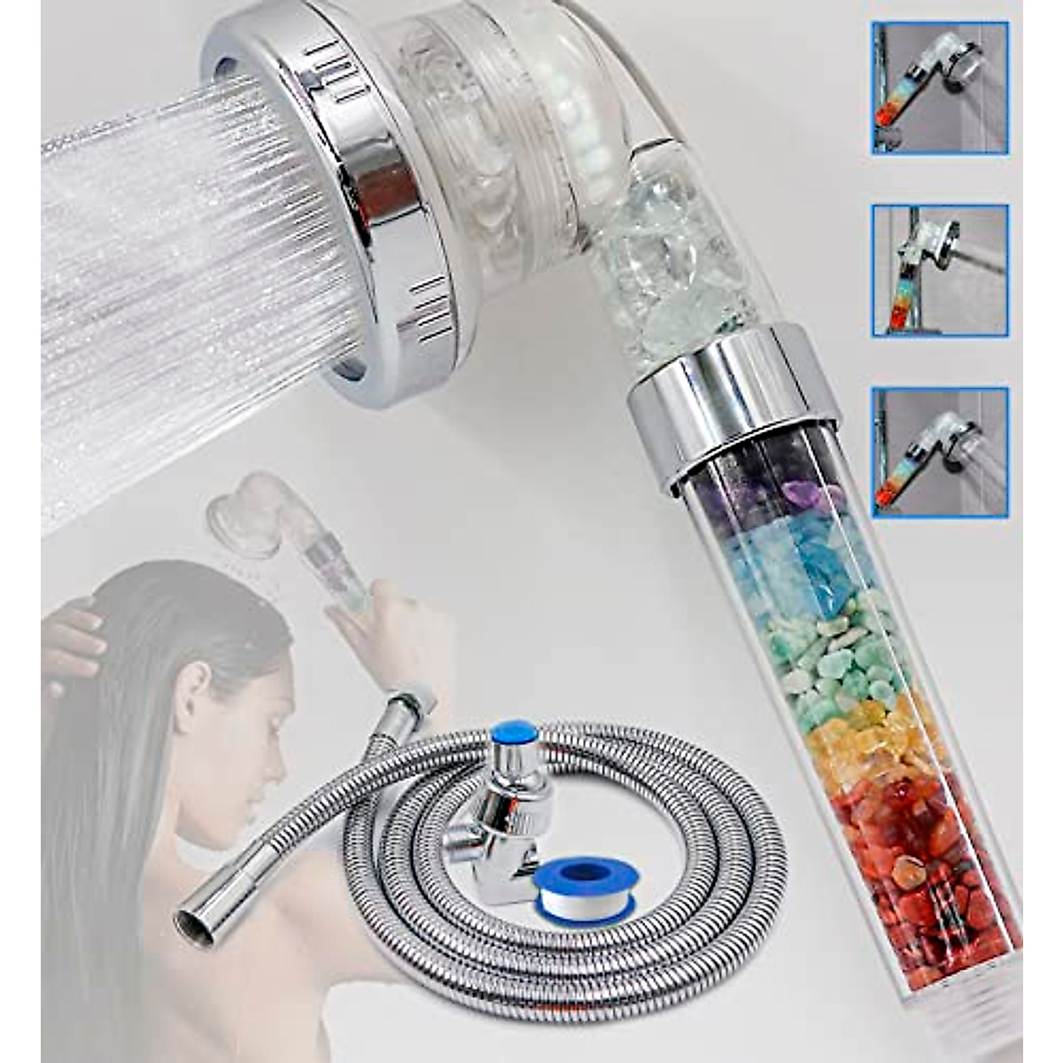 Chakra Crystal Shower Head. Natural Gemstones. Healing Crystals. Water Purification. Mineralization. Ph Balance. Healing Energy. 7 Stones. Water Filtering. Bathroom (Shower Head+Hose+Bracket)