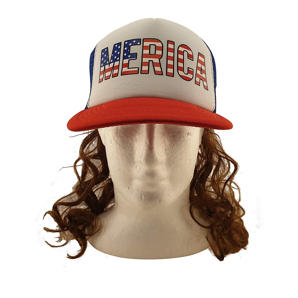HandinHandCreations USA Mullet Hat Brown Wig Merica Redneck 4th of July All American Costume One Size Fits All - Cotton Hat