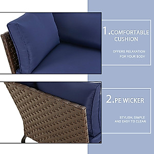 LOKATSE HOME 3 Pcs Outdoor Rattan Furniture Patio Conversation Sectional Set All-Weather Wicker Corner Sofa Metal Armless Chair with Cushion, Blue