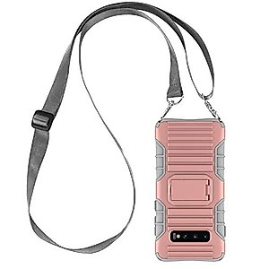 Samsung Galaxy S10 Case with Cross Body Strap and Stand, 2 in 1 Shockproof Hybrid Hard PC & Soft Rubber, Crossbody Lanyard Perfect for Go Outside and Women Kid Elderly,Pink