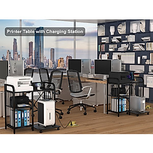 Printer Stand with Storage & Charging Station, Under Desk Printer Stand for Home Office, 3-Tier Printer Table for Home Office with Rolling Shredder Stand, Printer Stand with File Cabinet, Black