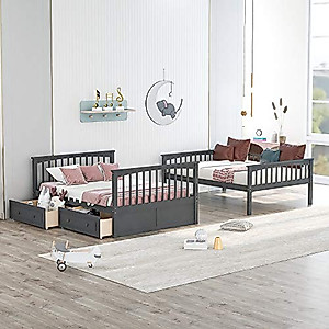 Harper & Bright Designs Full Over Full Wood Bunk Bed with Two Storage Drawers and Ladder, Convertible Storage Bunk Bed Can Be Divided Into Two Full Size Daybeds (Grey)