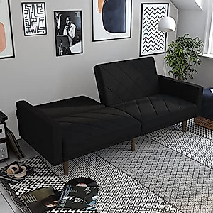 DHP Paxson 79 Inch Futon Sofa Bed, Upholstered Couch Sleeper with Diagonal Tufting, Mid-Century Modern, Black