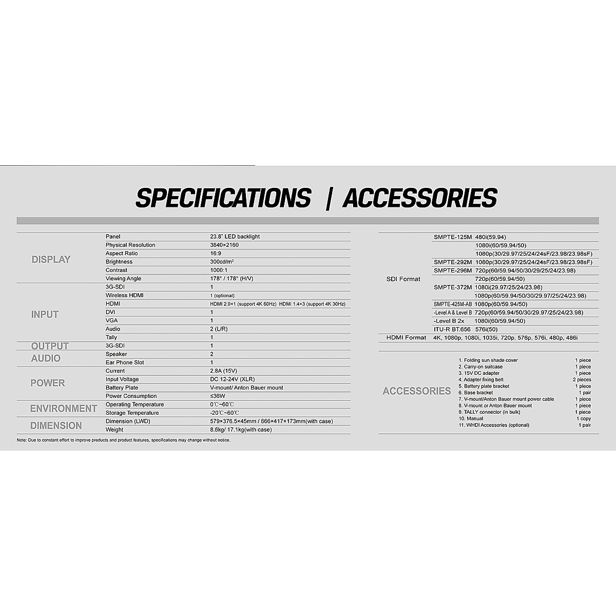 LILLIPUT BM230-4K 23.8" 4K 3840×2160 Ultra-HD resolution, 1000:1 Contrast Ratio, 25ms Response Time with Carry-on Metal case 3G-SDI, HDMI, VGA, AV input by VIVITEQ