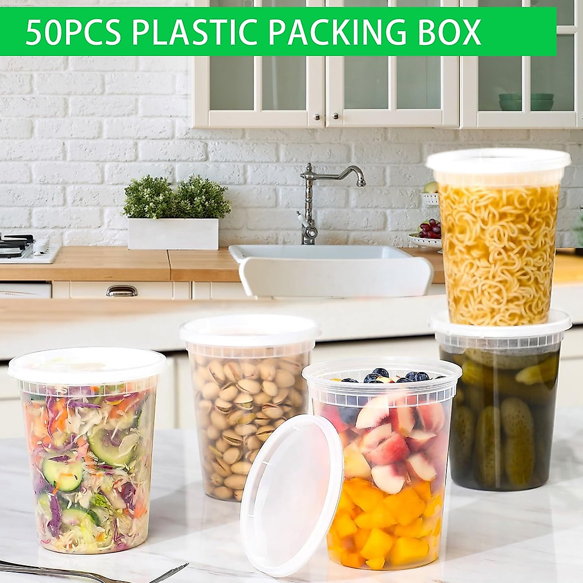 ulafbwur Deli Containers with Lids, 50-Pack Heavy-Duty Stackable Reusable Airtight Plastic Food Storage Container for Meal Prep, Freezer & Microwave Safe (50 Set Combo). L