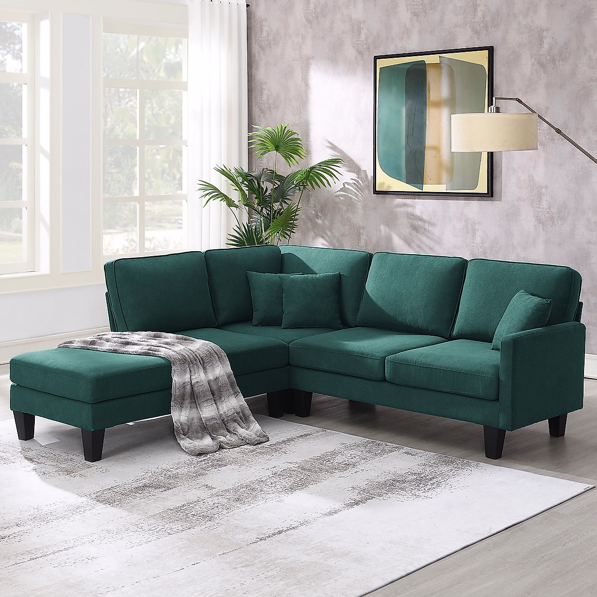 Jintop 90Inch Terrycloth Modern 5-Seat Practical Sectional Sofa with Chaise, L-Shape Wood Indoor Couch with 3 Pillows,for Dorm,Apartment,Studio,Office,Lounges,Green
