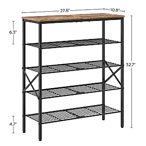 YATINEY 5-Tier Shoe Rack, Shoe Storage for Entryway and Closet, Free Standing Shoe Organizer with Metal Mesh Shelves, 16-20 Pairs of Shoes, Rustic Brown and Black SS05BR