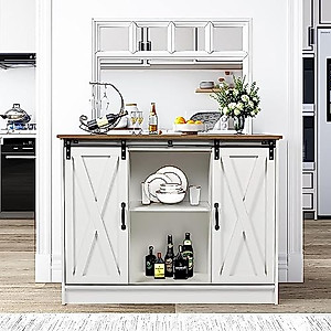 4 EVER WINNER Farmhouse Coffee Bar Cabinet, Kitchen Buffet Storage Coffee Cabinet Station Credenza Cupboard with Adjustable Shelf, Buffet Cabinet with Storage and Sliding Barn Doors, White