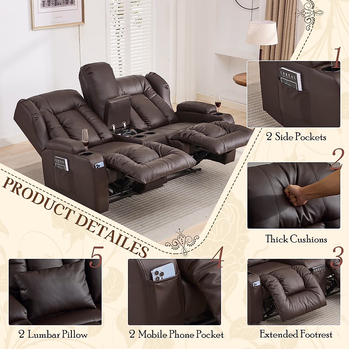 SAMERY RV Loveseat Recliner Sofa, Manual Reclining Loveseat with Console, 2 Seat Recliner Sofa Chair for Living Room RV Theater Recliner Love Seat with Cup Holders/Pockets/Pillows