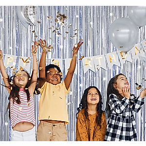 RUBFAC 2 Pack Shimmer Silver Backdrop Party Decorations Foil Fringe Curtains Tinsel Metallic Streamers Photo Booth Streamer for Bachelorette Wedding Engagement Baby Shower Birthday Party Supplies
