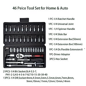 YZMLOL Ratchet Wrench Set and Drive Socket Set，46 Pieces 1/4 inch Drive Socket Ratchet Wrench Set,Includes Metric Bit Socket Set and Extension Bar for Auto/Motorcycle Repairing and Household.