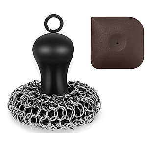 Cast Iron Cleaner Chainmail Scrubber with Pan Scraper Hanging Loop, Upgraded Cast Iron Scrubber 316 Chain Mail Scrubber for Pan, Skillet, Grill Dutch Oven Metal Brush Cleaning Castiron
