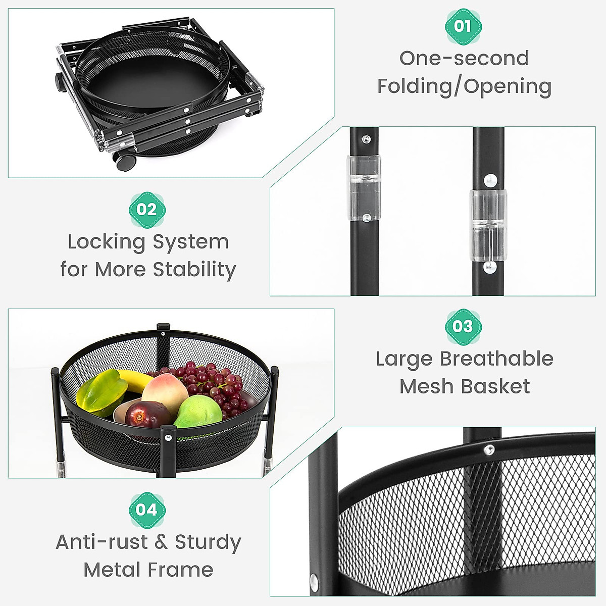 Giantex 3-Tier Fruit Vegetable Basket with Rollers - 35" Tall No Assembly Required Metal Wire Storage Organizer Trolley Cart, Tool-Free Assembly One-Second Folding Utility Cart with Wheels